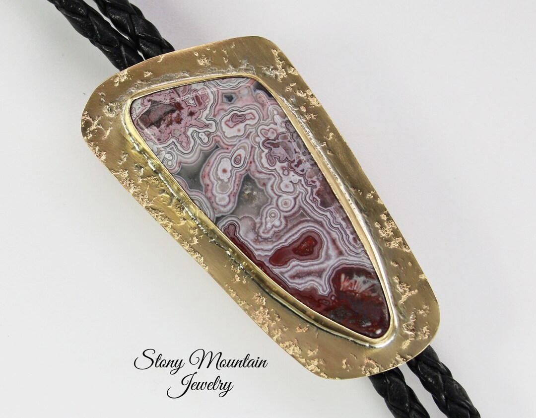 Handmade Custom Bolo Tie, Unique Brass Wedding Bolo Tie, Crazy Lace Agate Tie for Men or Women ...
