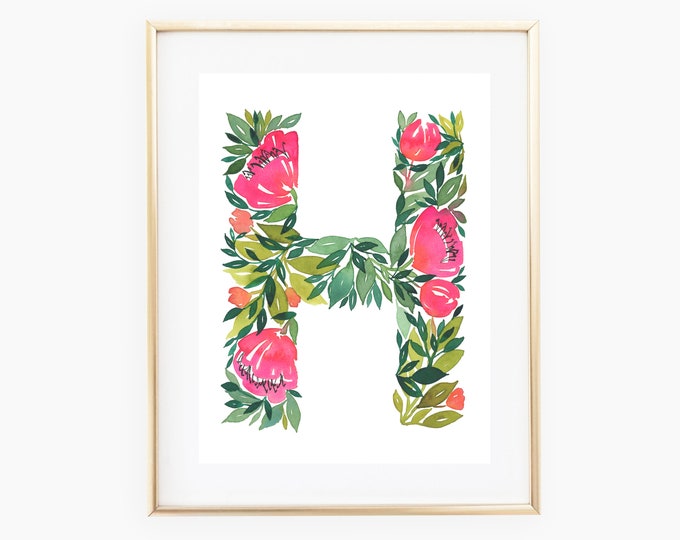 Watercolor Alphabet, Letter H Print, Initial H, Watercolor Monogram ...