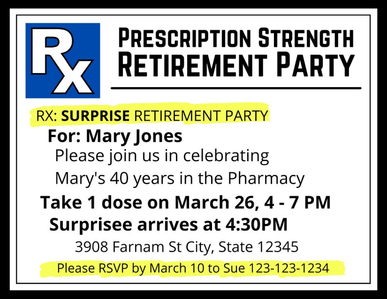Customizable Pharmacy Retirement Surprise Invitation Pharmacist RX ...