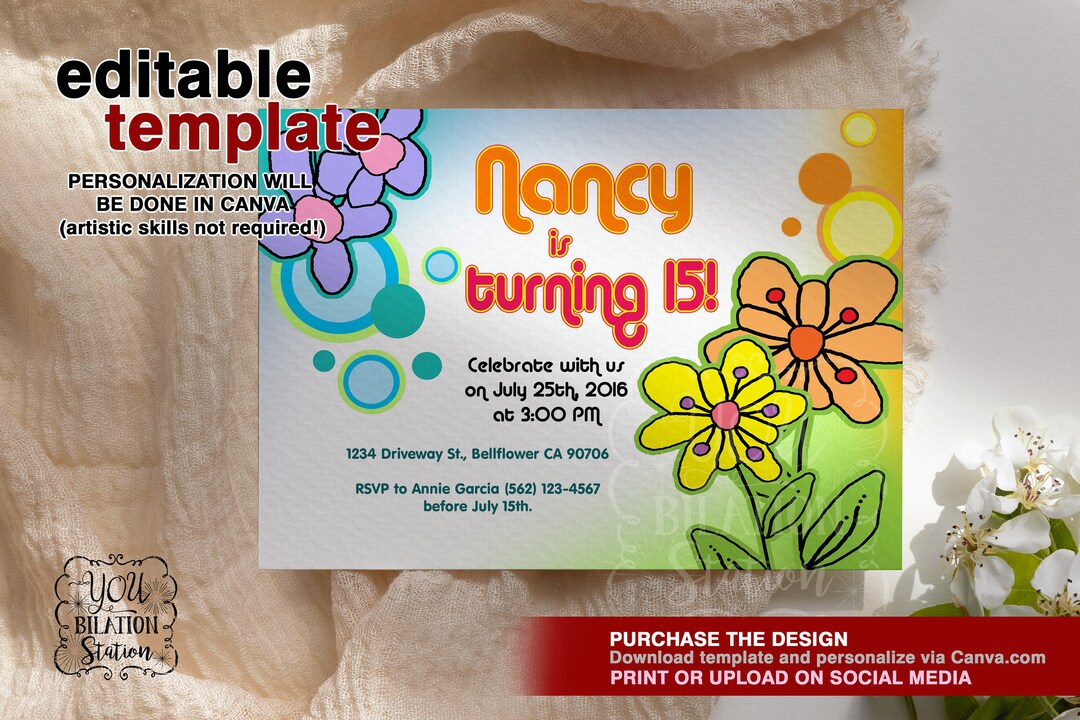 Generic Party Invitation, Birthday Invitation (retro Flowers Design ...