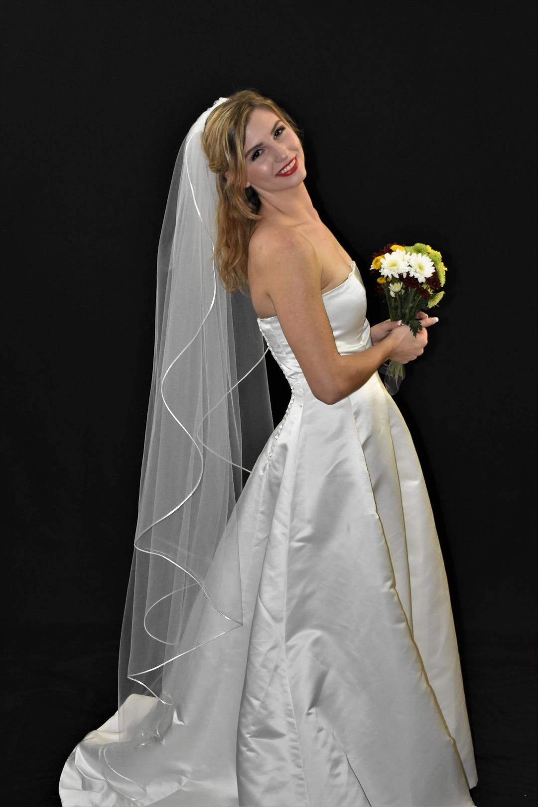 Waltz Length Waterfall Wedding Veil: Satin Cord Ribbon Edge, 65" Long ...