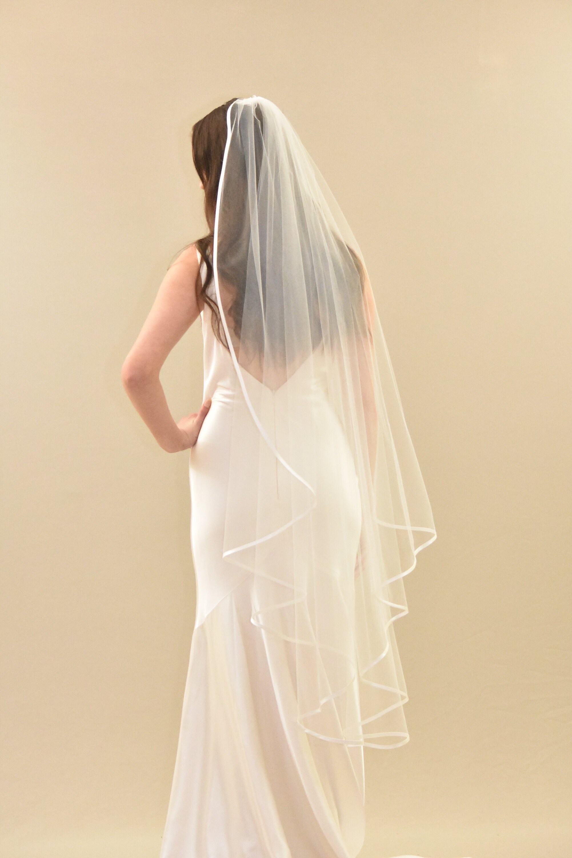 Mid Length Angel Cut Veil with Satin Trim Waterfall Veil | Etsy