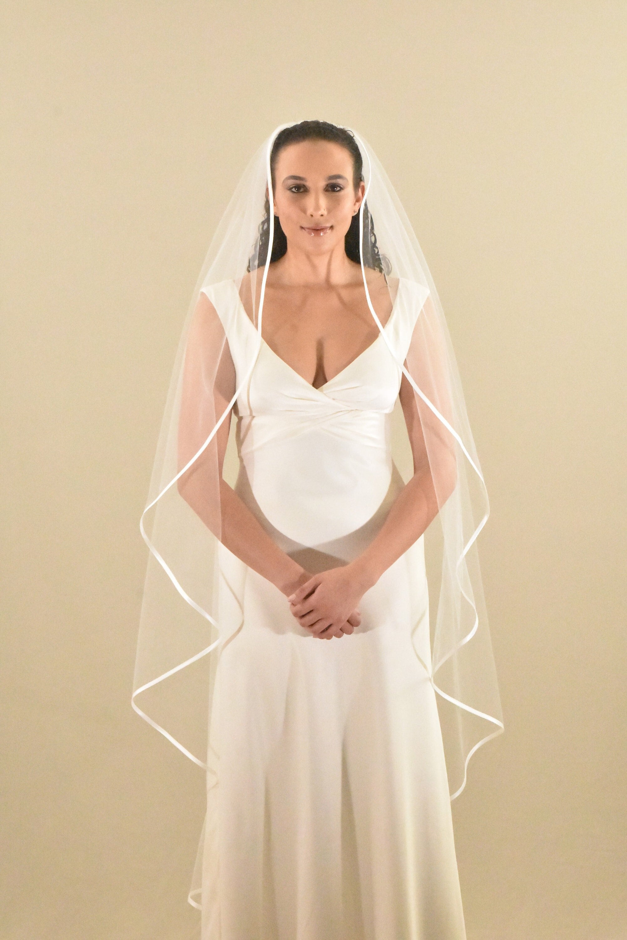 KCBridalBoutique Angel Cut Waltz Veil with Satin Trim Waltz Length Veil Waterfall Veil with Satin Trim Satin Ribbon Veil Waltz Veil Satin Trim Veil