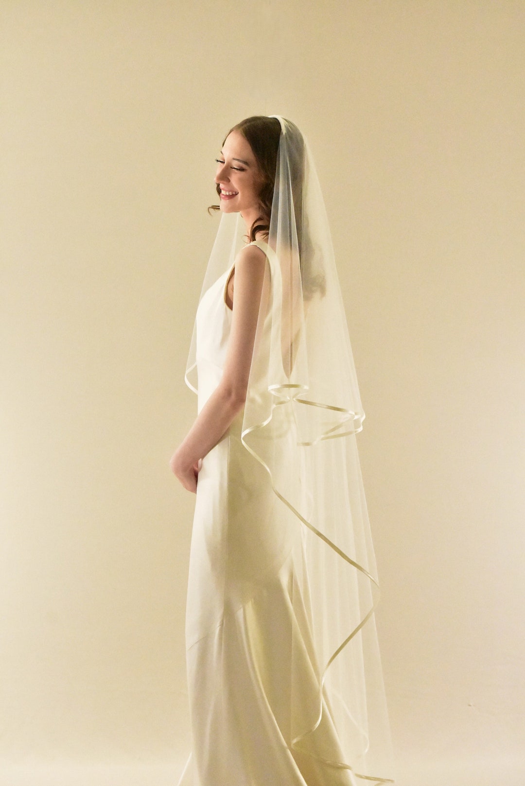 Two Tier Satin Trim Waltz Length Veil | Satin Ribbon Waltz Veil | Waltz Veil With Blusher | Two ...