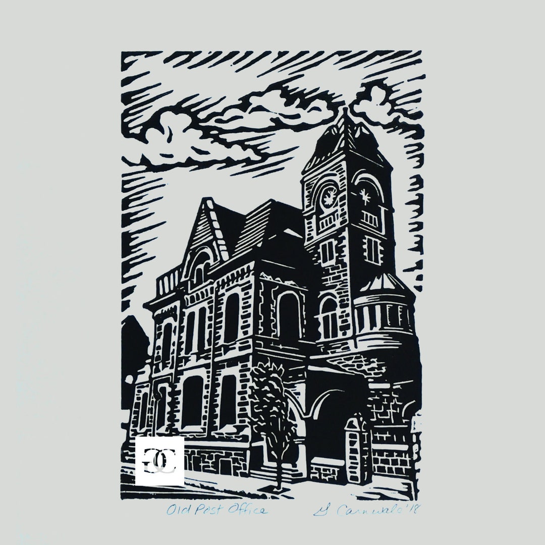 Old Post Office, Original Black & White Linocut Relief Print, Hand ...