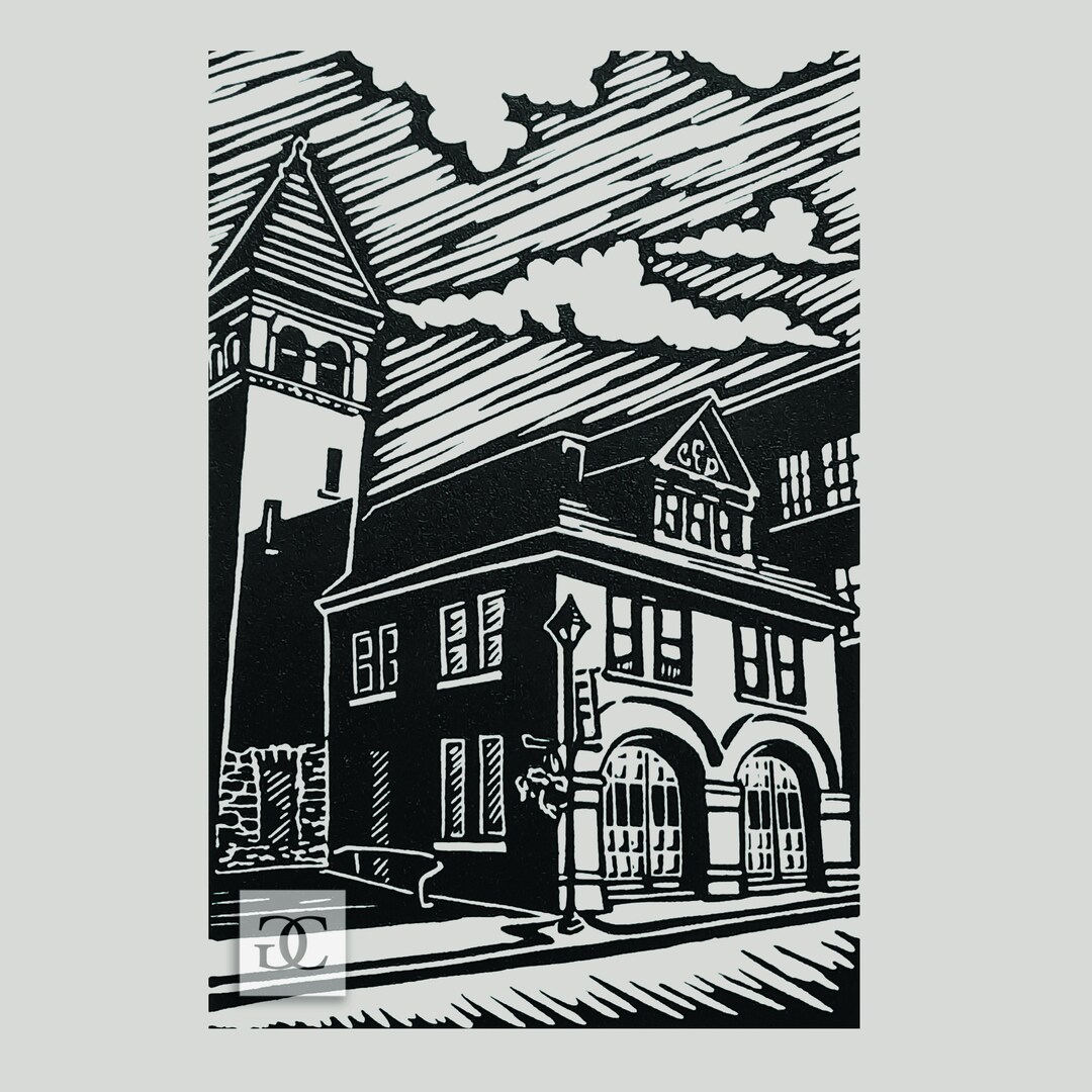 Galt Fire Department , Original Black & White Linocut Relief Print ...