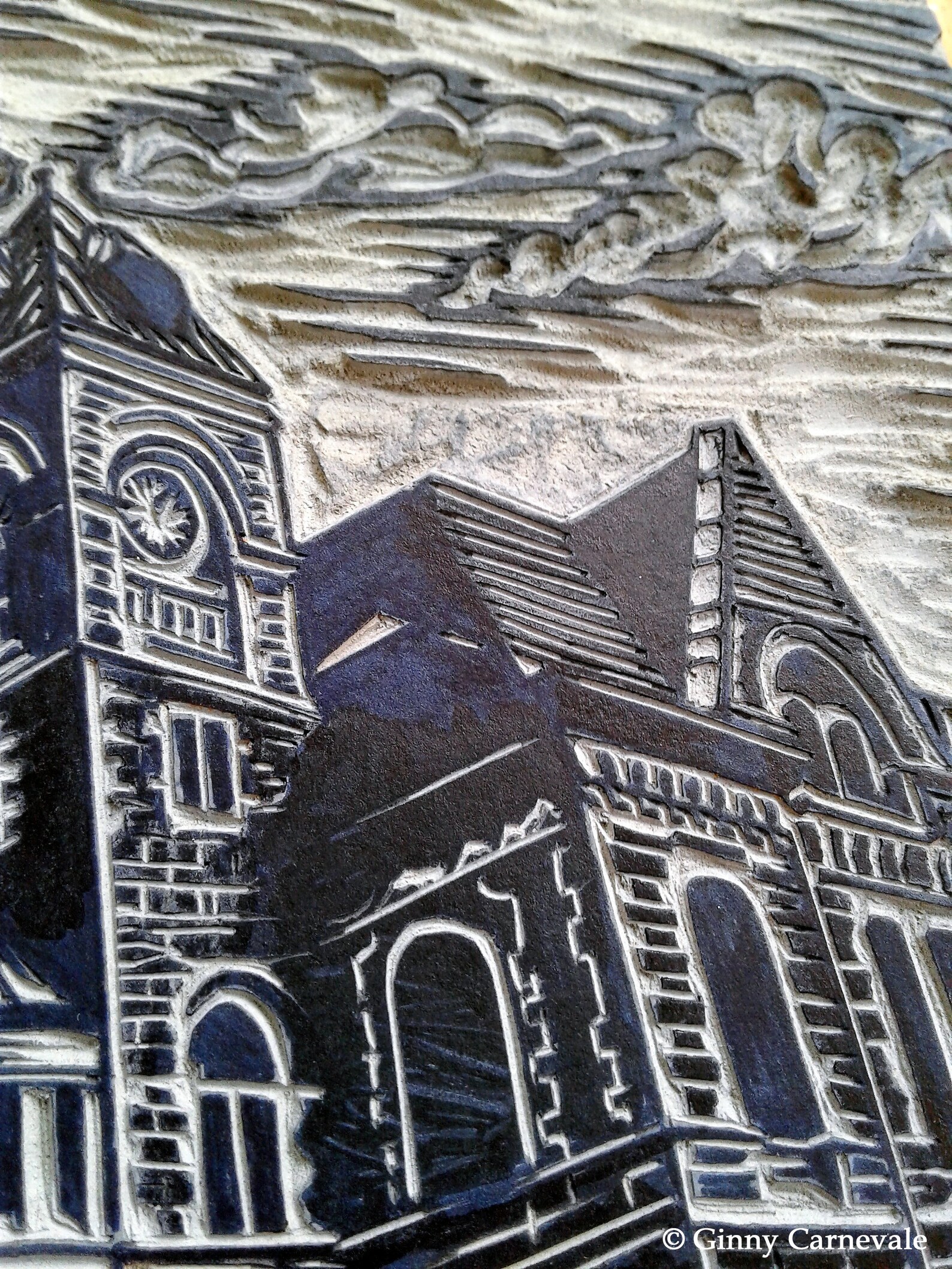 Ancien bureau de poste, impression en relief originale en linogravure ...