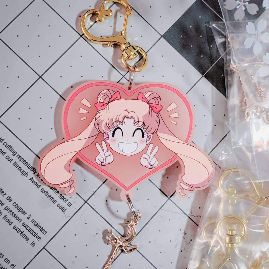 Chibi Usagi 2.5" Transparent Pink Acrylic Keychain W/ Gold Wand Charm ...