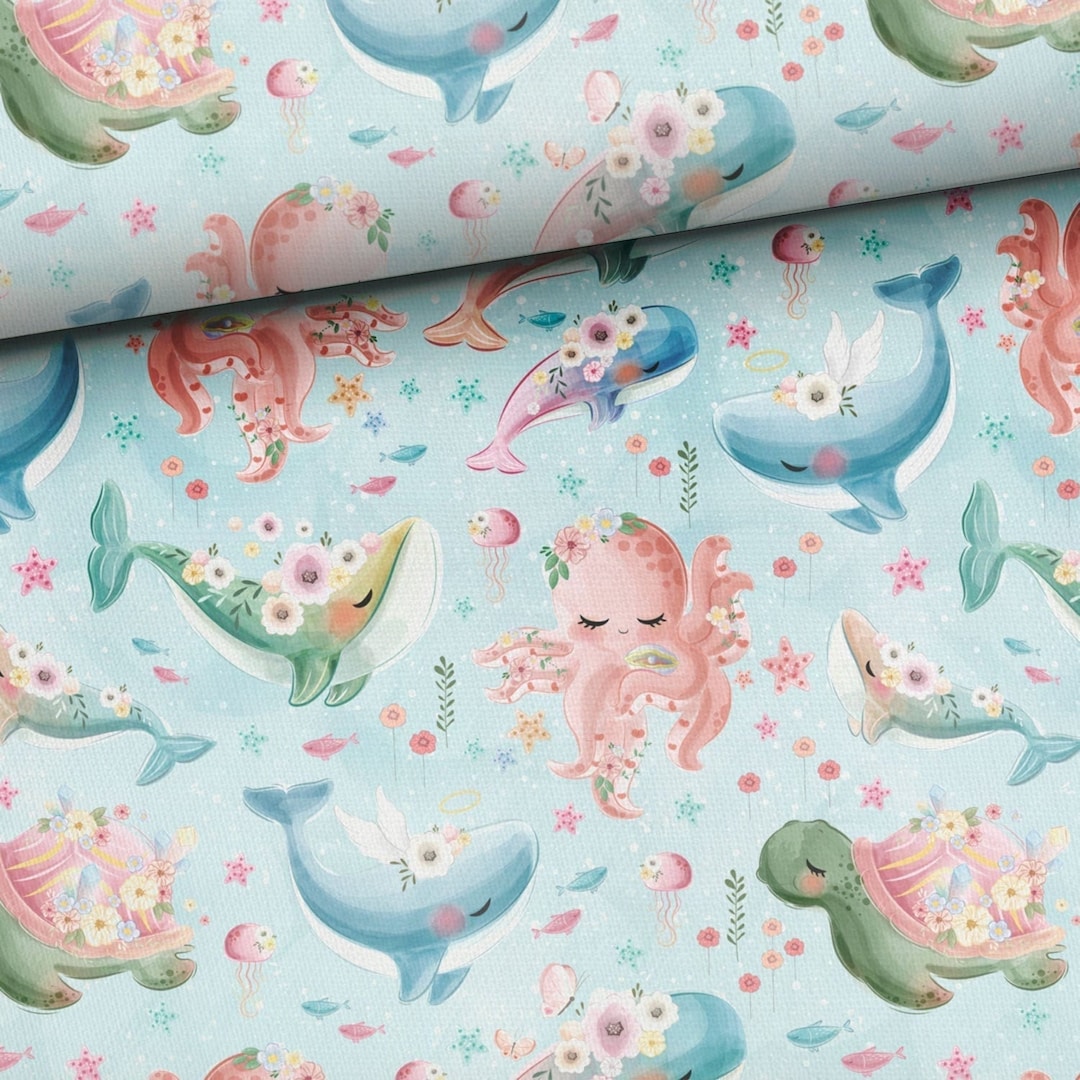 Sea Life Animals Fabric, Ocean Fabric by the Half Meter, Kids Nautical ...