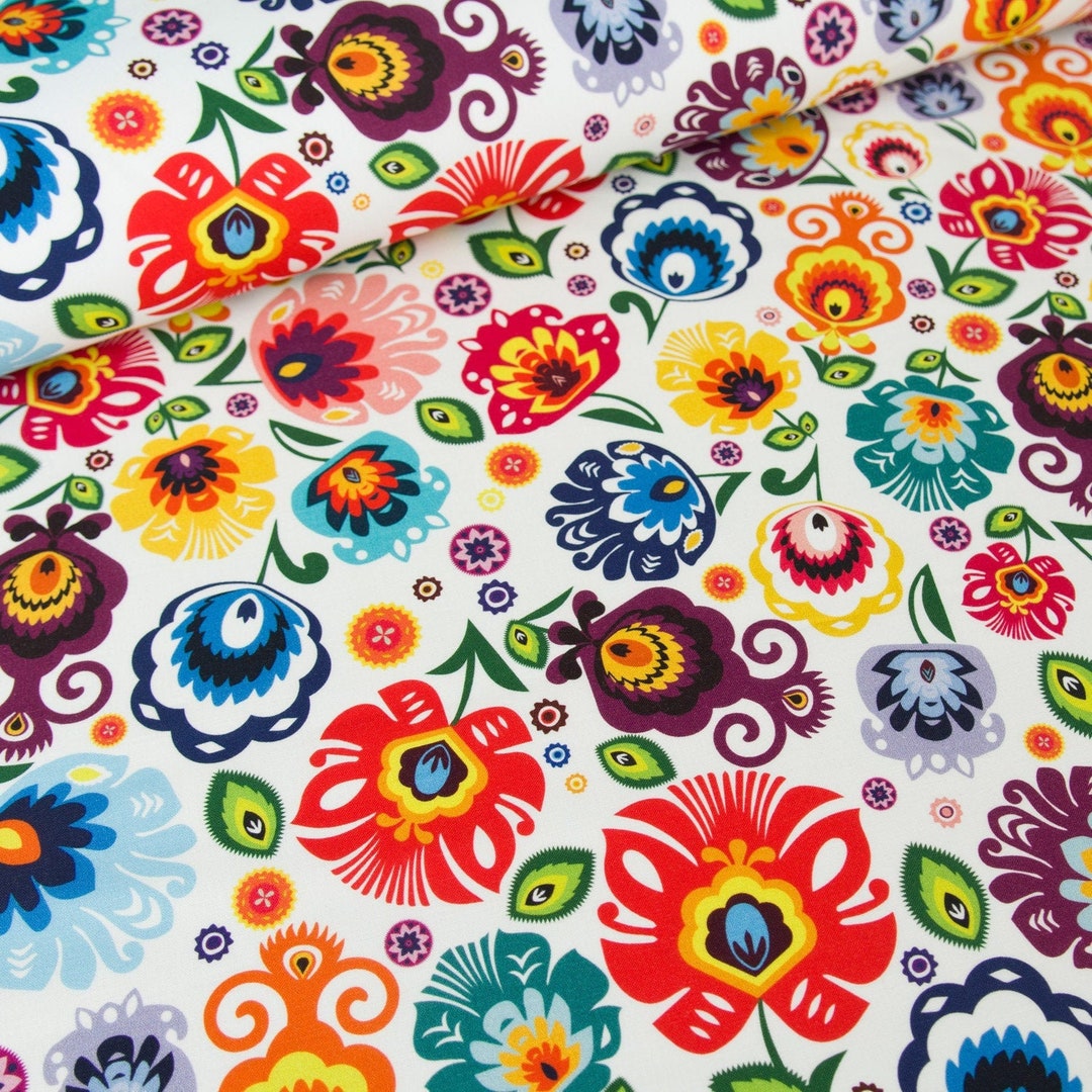 Floral Fabric, Colorful Folk Fabric, Folklore Pattern Fabric, Botanical ...