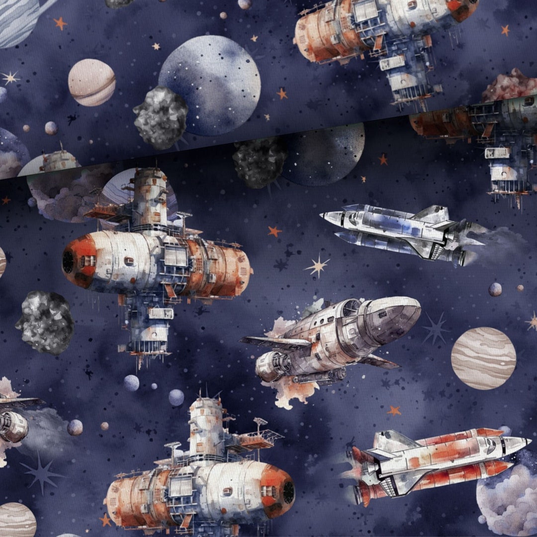 Spaceships Fabric, Outer Space Fabric by Half Meter, Starship Galaxy ...