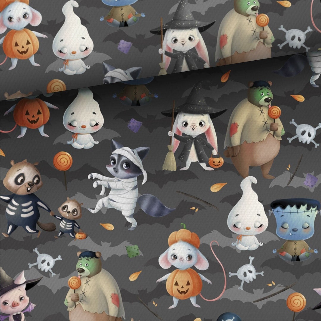 Spooky Fabric, Cute Halloween Fabric by Half Meter, Animals Ghost Mummy ...