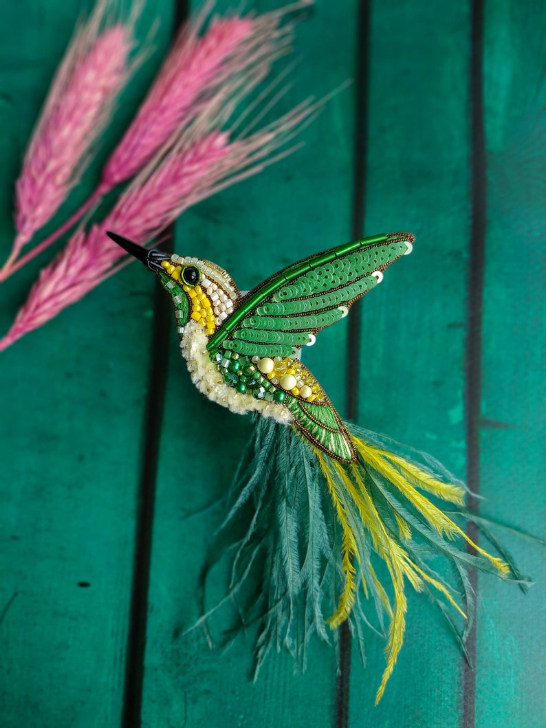 Embroidered Hummingbird Brooch Beaded Bird Pin Green and - Etsy
