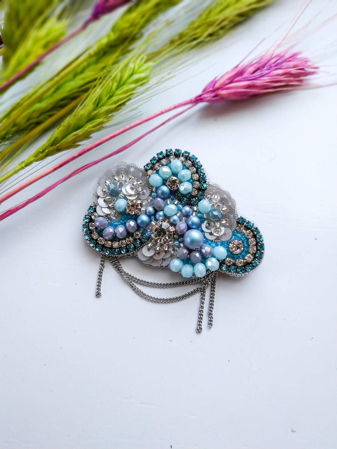 Beaded Cloud Brooch Blue and Grey Cloud Pin Weather Theme Chain Jewelry ...