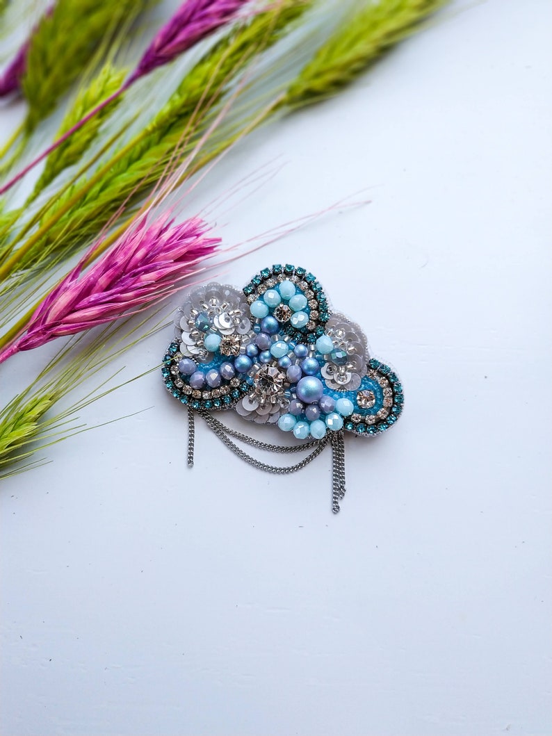 Beaded Cloud Brooch Blue and Grey Cloud Pin Weather Theme Chain Jewelry Austrian Bead Pin With ...