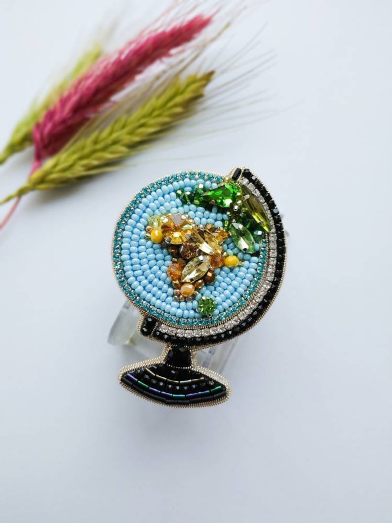 Beaded Globe Brooch Embroidered Traveller Jewelry Earth Planet - Etsy