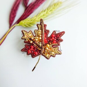 Beaded Maple Leaf Brooch Embroidered Maple Jewelry Yellow and Red Reaf ...