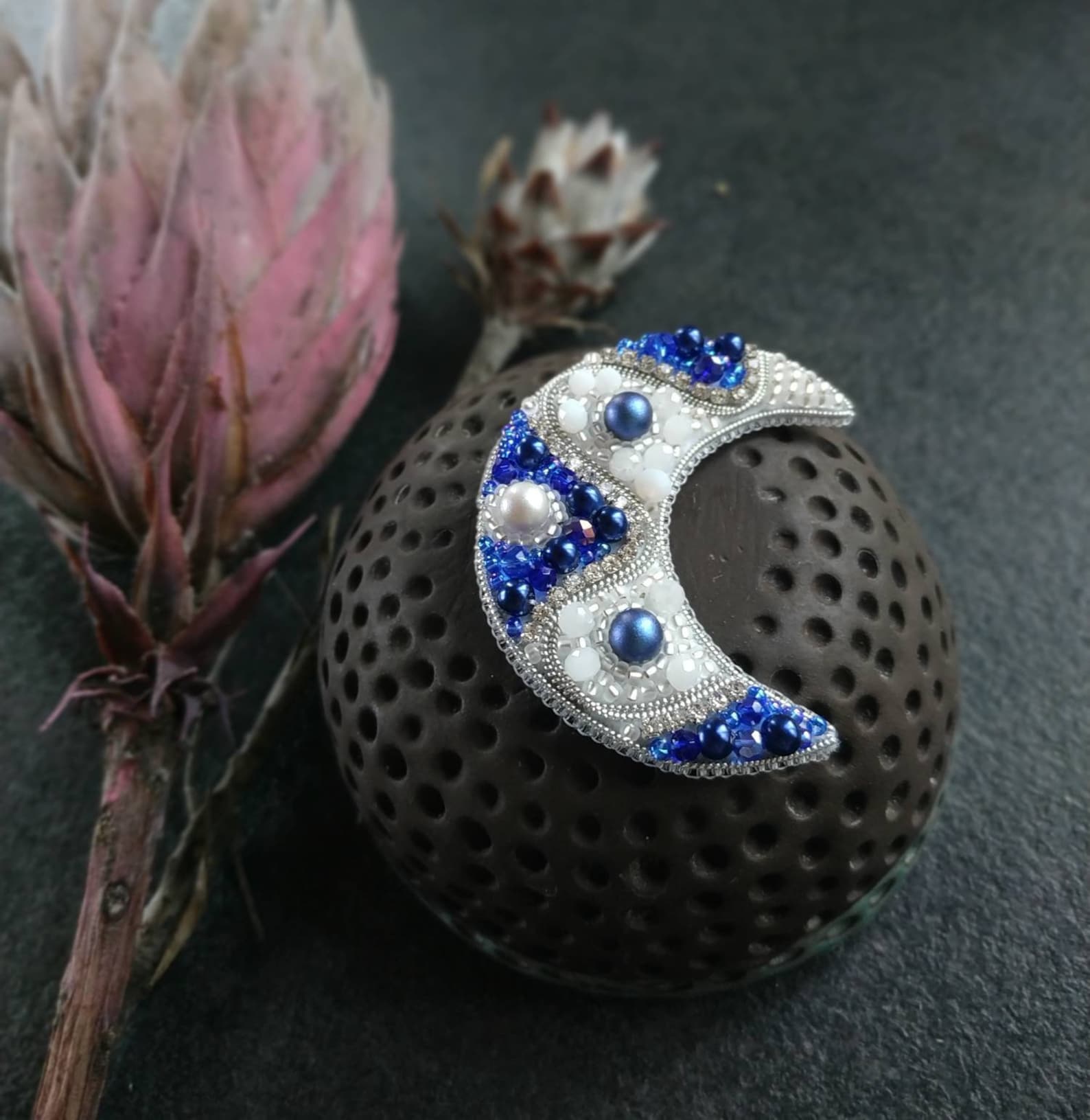 Beaded moon brooch crescent jewelry embroidered pin handmade | Etsy