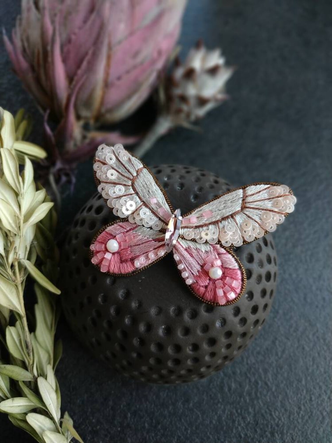 Embroidered Butterfly Brooch Beaded Pin Moth Seed Beads Jewelry Pink ...