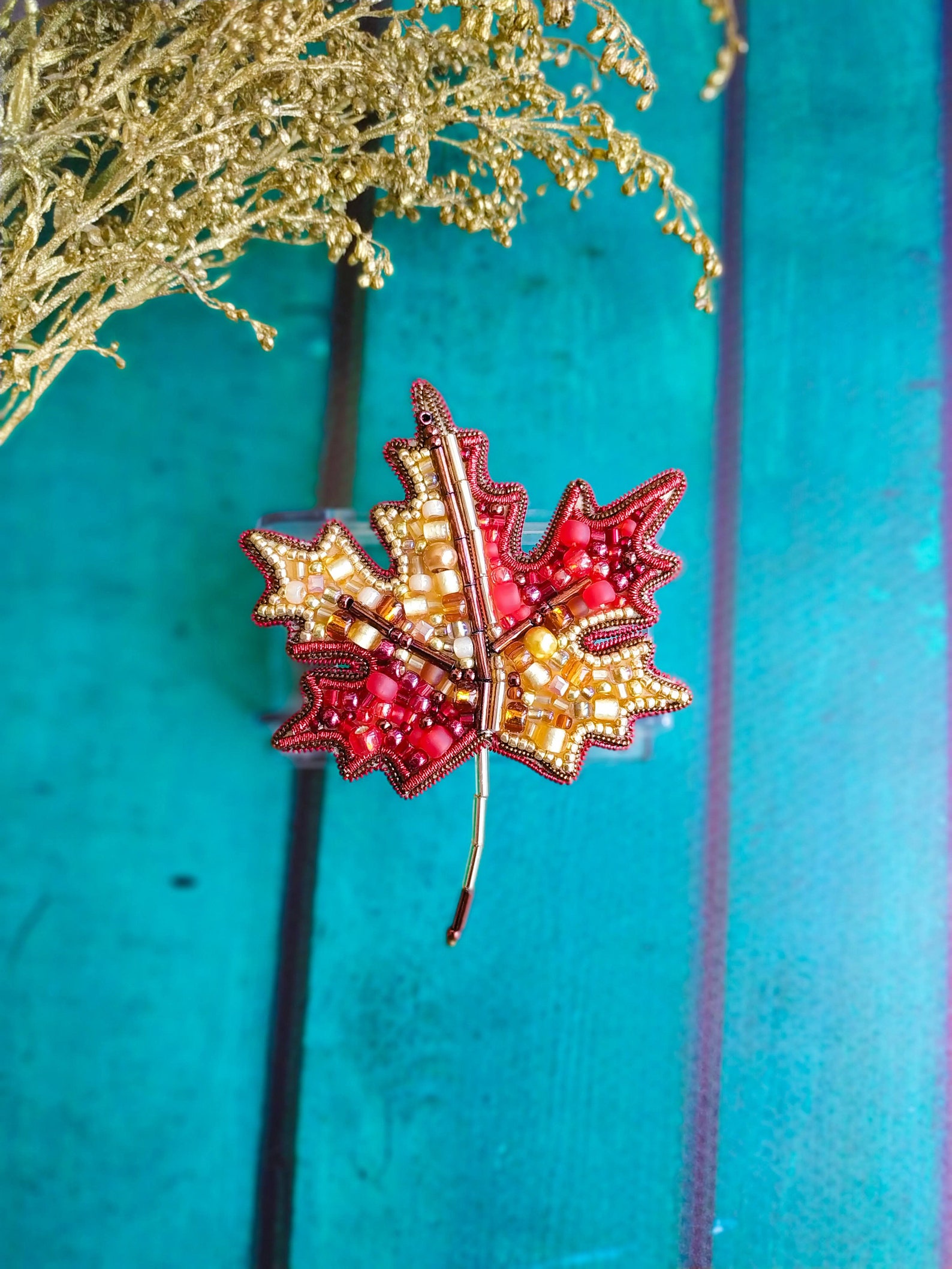 Beaded Maple Leaf Brooch Embroidered Maple Jewelry Yellow and - Etsy