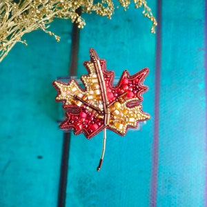 Beaded Maple Leaf Brooch Embroidered Maple Jewelry Yellow and Red Reaf ...