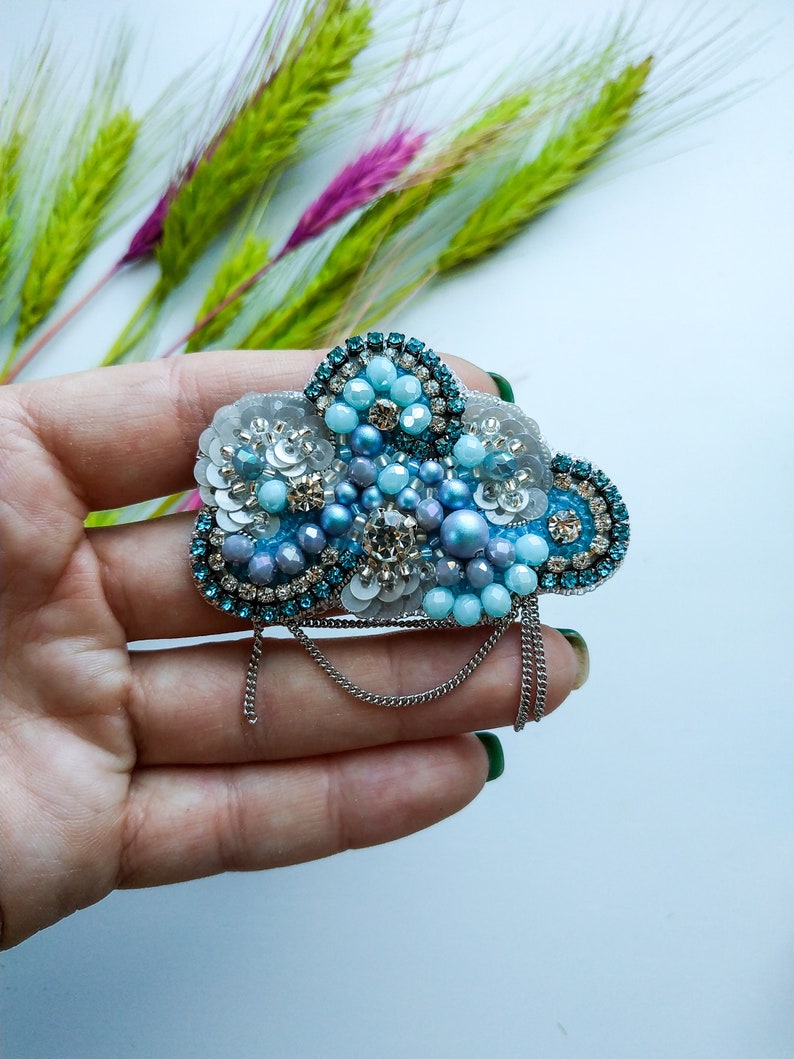 Beaded Cloud Brooch Blue and Grey Cloud Pin Weather Theme Chain Jewelry Austrian Bead Pin With ...