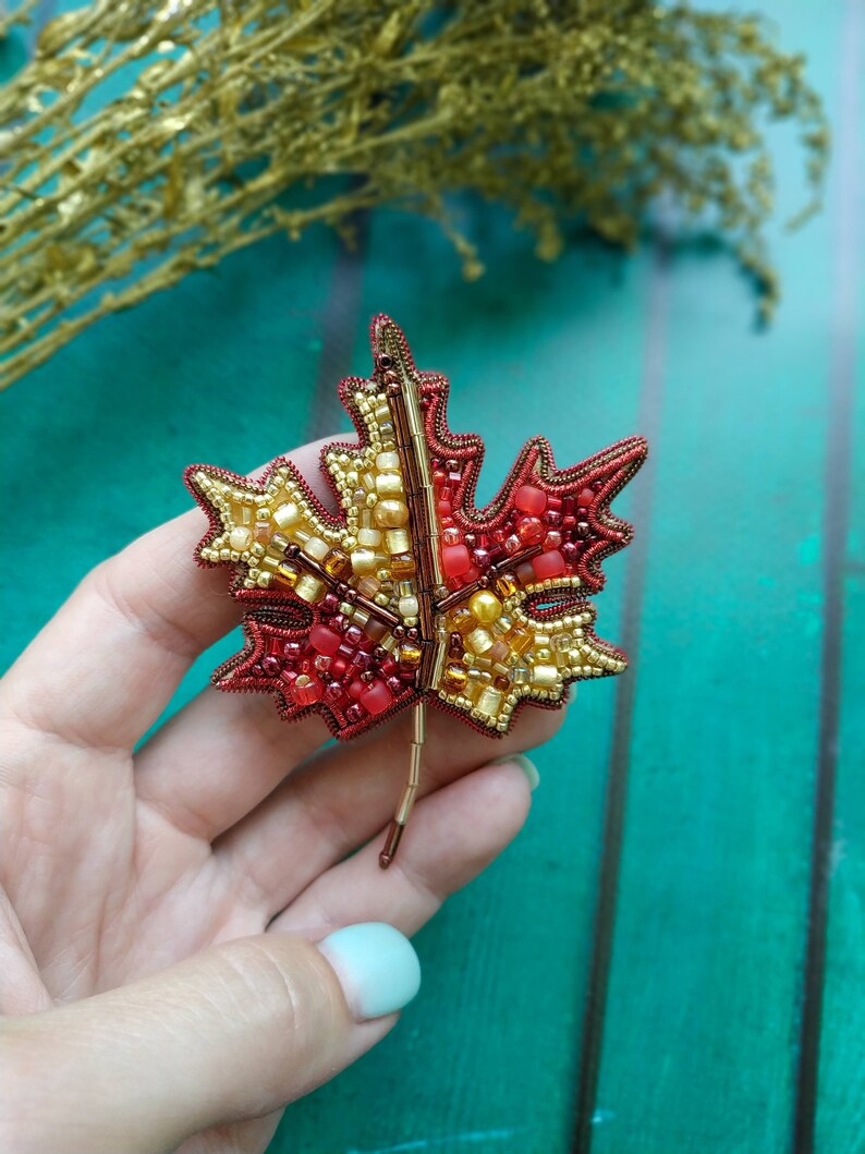 Beaded Maple Leaf Brooch Embroidered Maple Jewelry Yellow and - Etsy