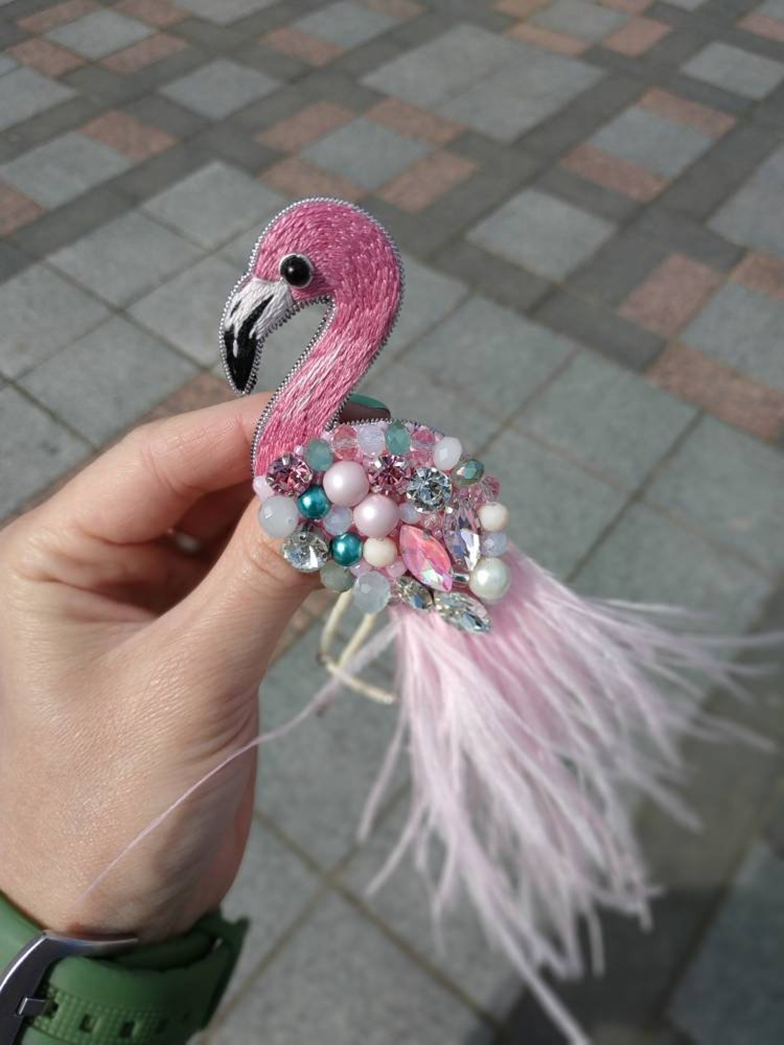 Embroidered Flamingo Bird Brooch Beaded Jewelry Pink Ostrich Feather ...