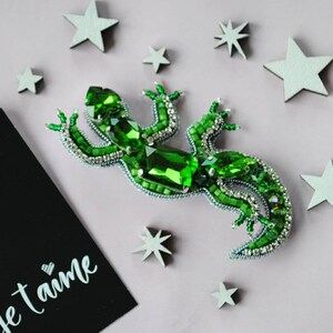 Embroidered Lizard, Beaded Brooch, Beaded Lizard, Crystal Pin, Gift for ...