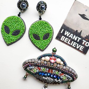 Embroidered UFO, Alien Brooch, Beaded Brooch, Flying Object, Alien ...