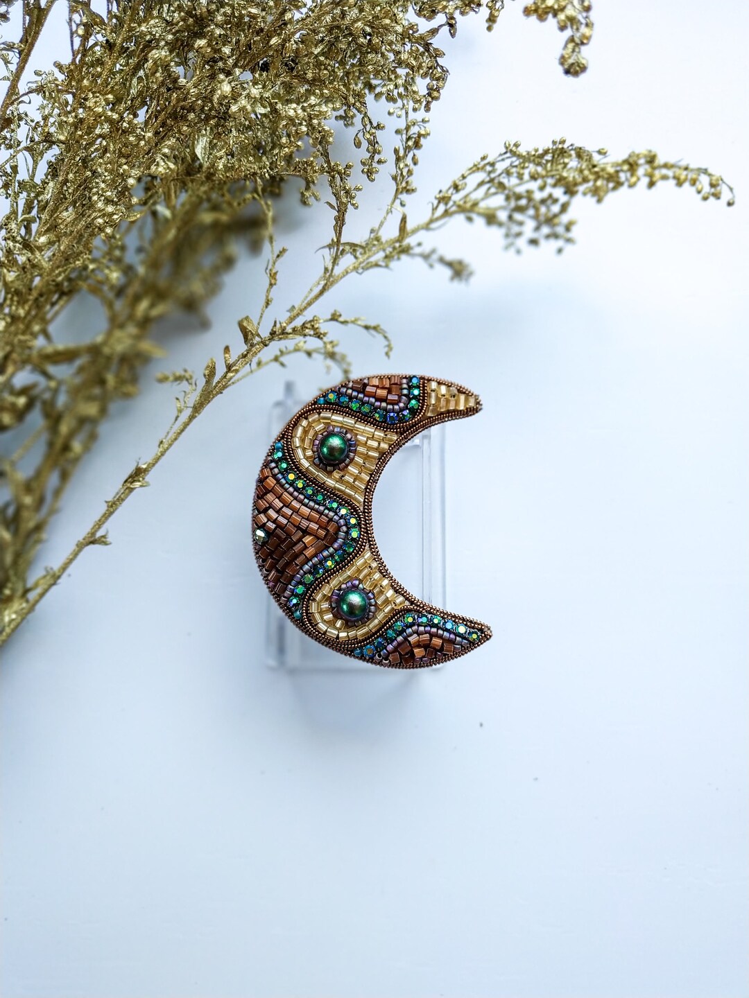 Beaded Crescent Moon Brooch: Embroidered Celestial Pin - Etsy