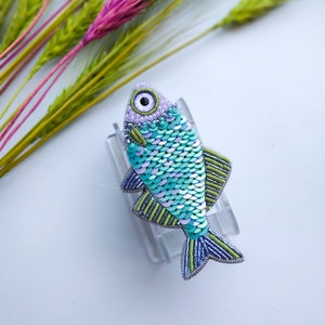 Embroidered Sequins Fish Brooch Beaded Pin Handmade Gift for Her Fish ...