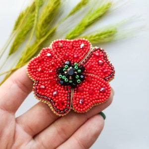 Beaded Poppy Brooch Red Floral Jewelry Embroidered Gift for Her Unique ...
