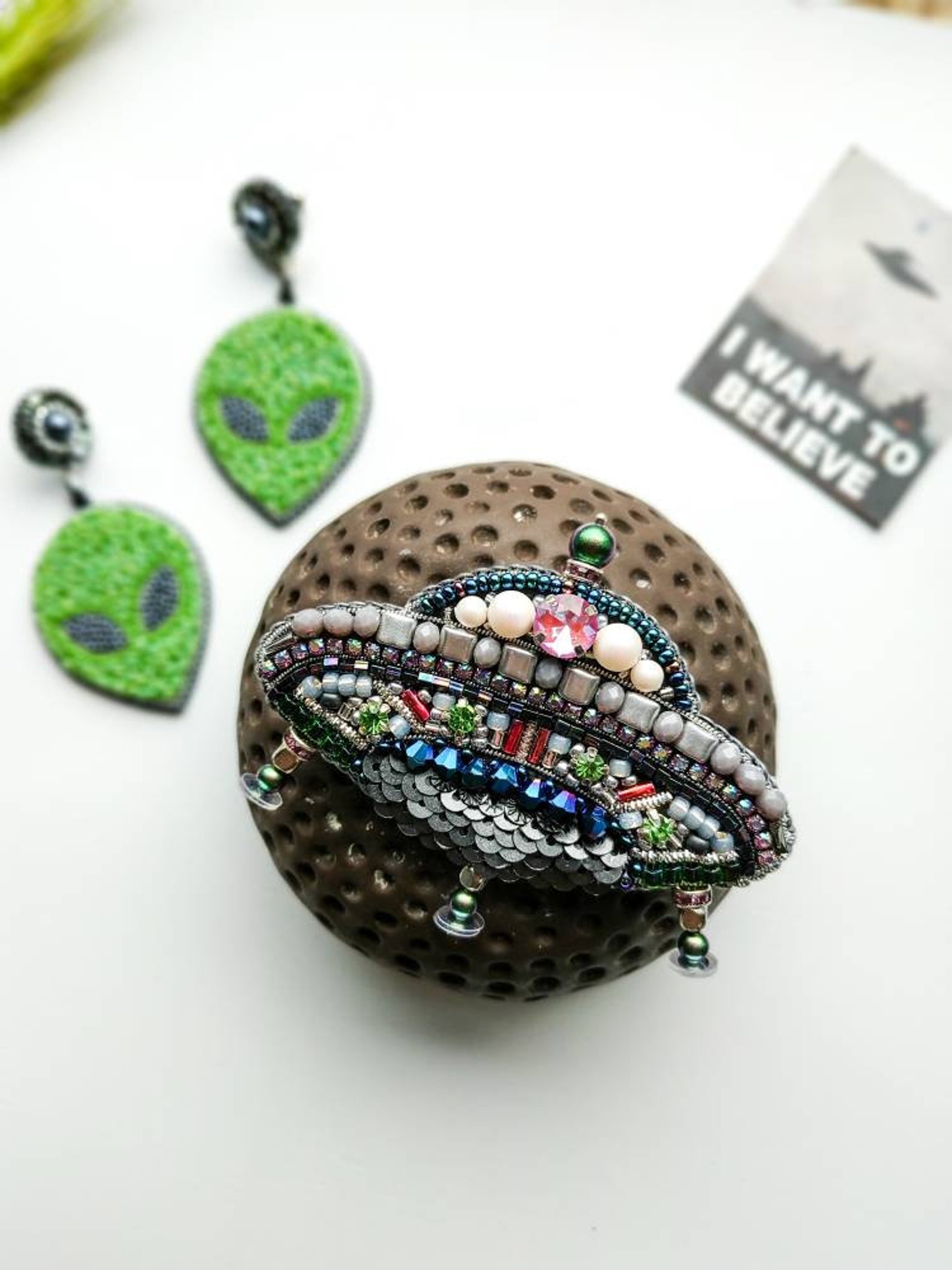 Embroidered UFO, Alien Brooch, Beaded Brooch, Flying Object, Alien ...
