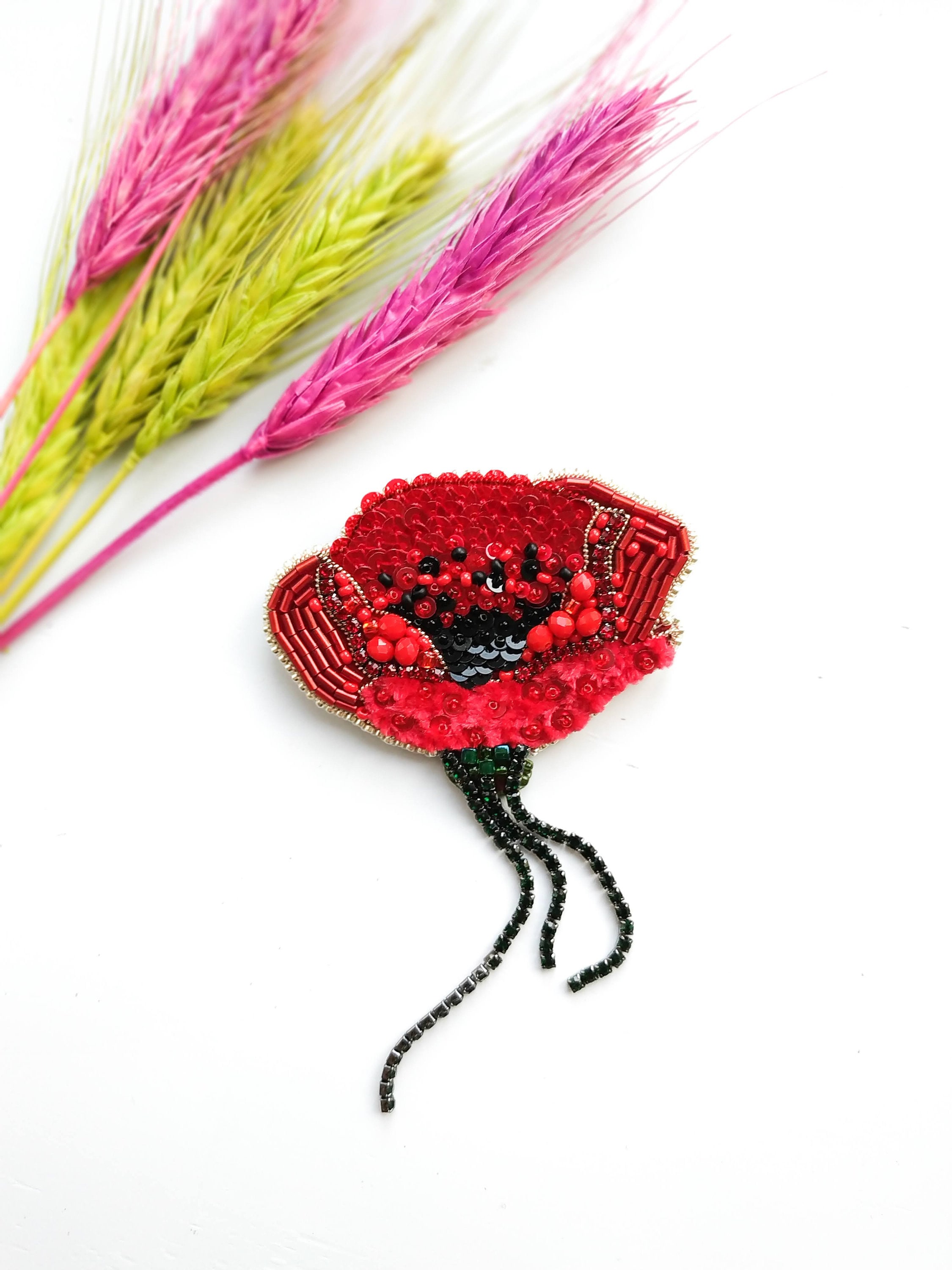 Beaded poppy brooch embroidered red flower pin poppy jewelry | Etsy