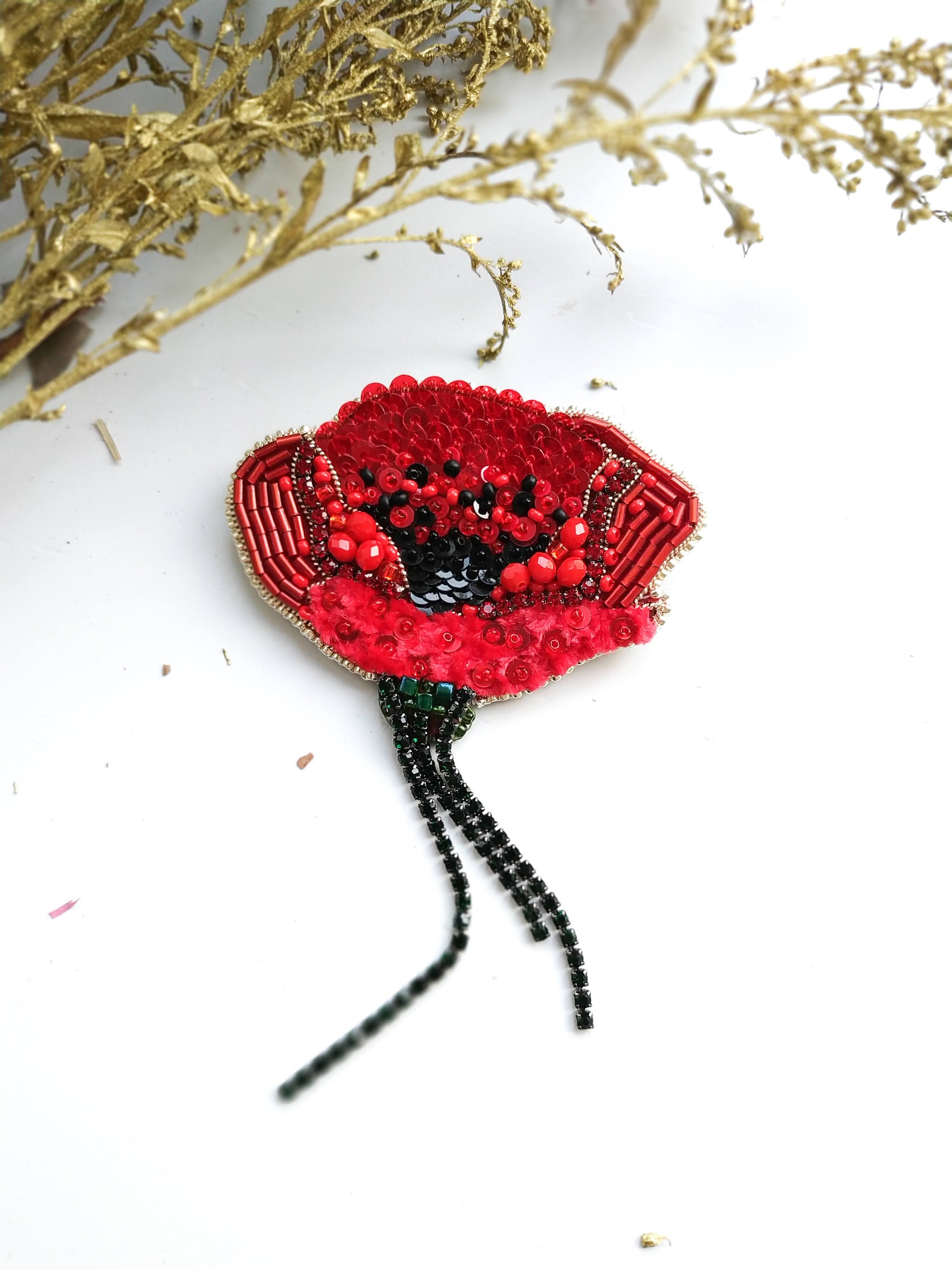 Beaded poppy brooch embroidered red flower pin poppy jewelry | Etsy