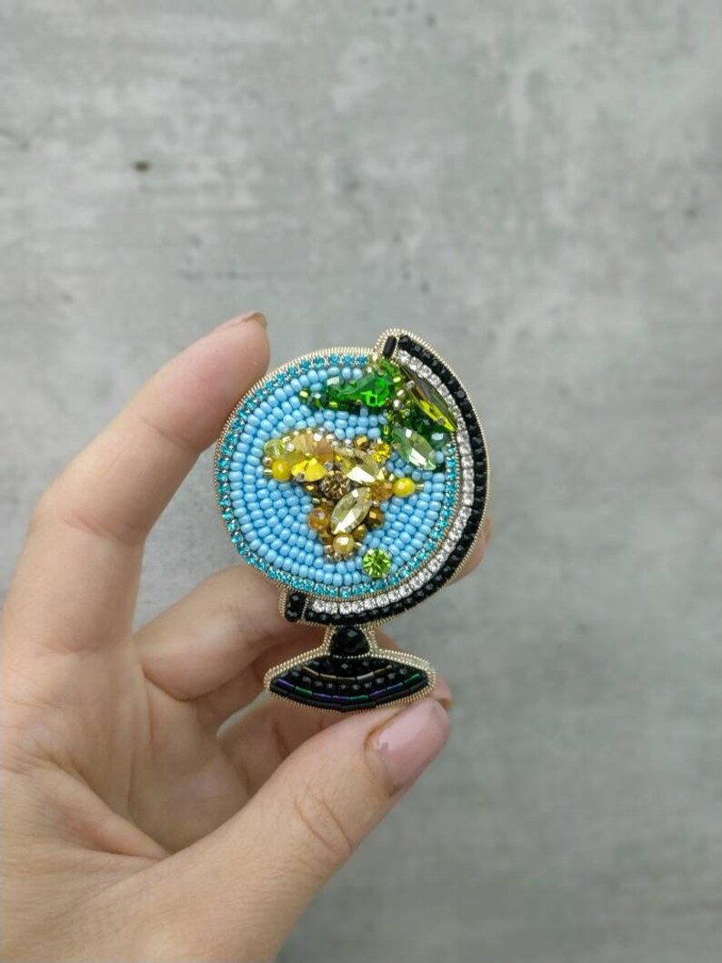 Beaded Globe Brooch Embroidered Traveller Jewelry Earth Planet | Etsy