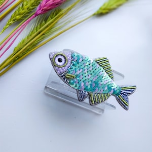 Embroidered Sequins Fish Brooch Beaded Pin Handmade Gift for Her Fish ...