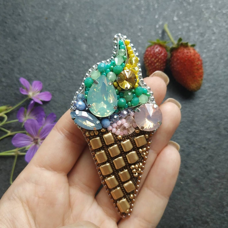 Beaded Ice Cream Brooch Pin Embroidered Jewelry Gift for Her - Etsy