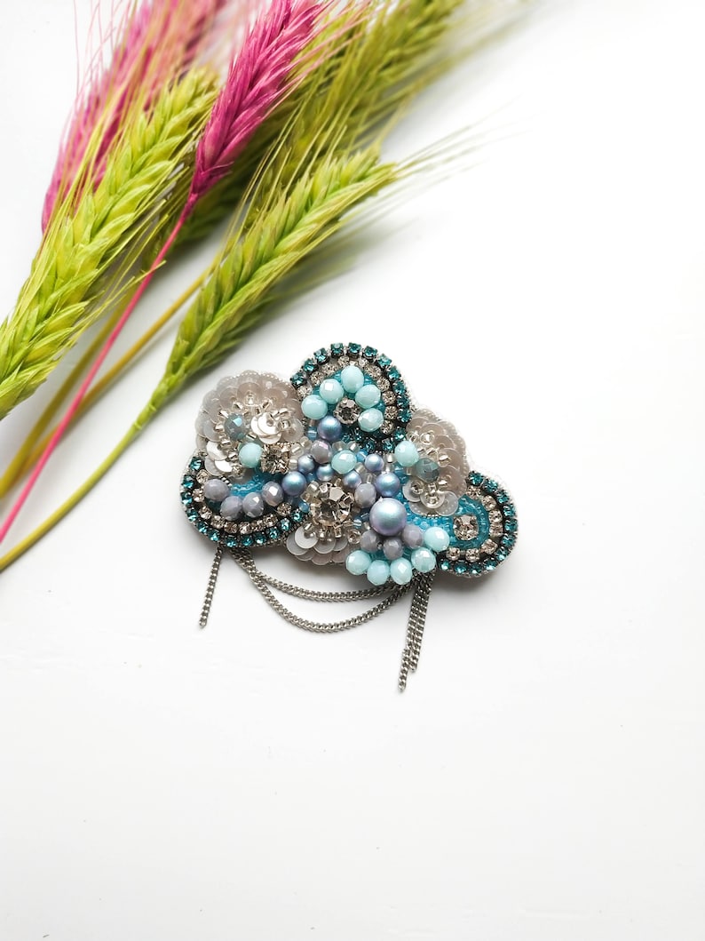 Beaded Cloud Brooch Blue and Grey Cloud Pin Weather Theme Chain Jewelry ...