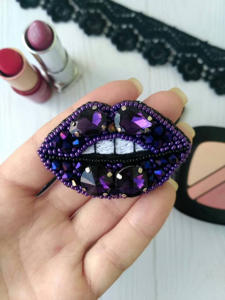 Beaded lips brooch crystal pin purple lips brooch seed | Etsy