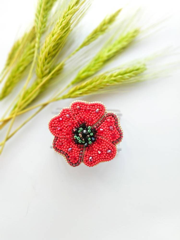 Beaded Poppy Brooch Red Floral Jewelry Embroidered Gift for Her Unique ...