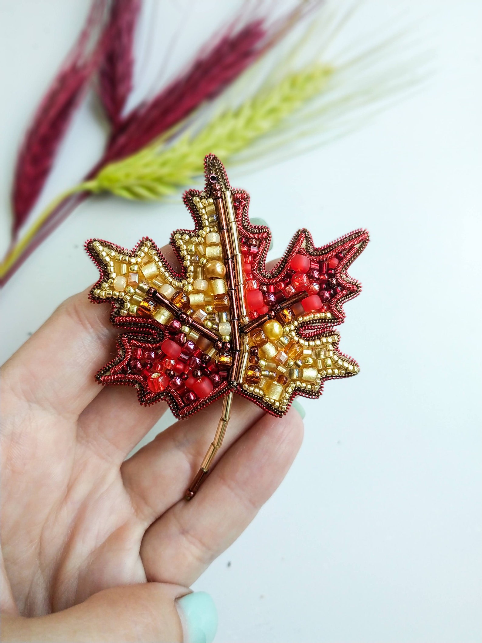 Beaded Maple Leaf Brooch Embroidered Maple Jewelry Yellow and - Etsy