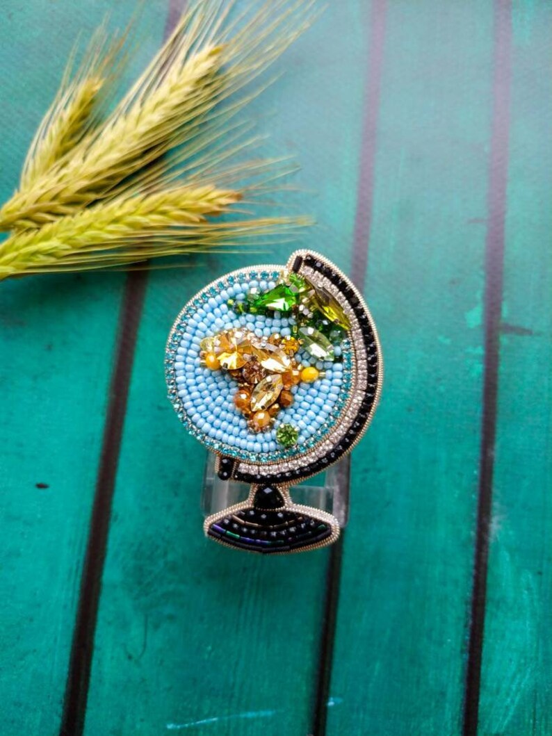 Beaded Globe Brooch Embroidered Traveller Jewelry Earth Planet - Etsy