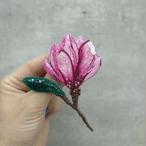 Embroidered Magnolia Flower Brooch Beaded Floral Pin Handmade Jewelry ...
