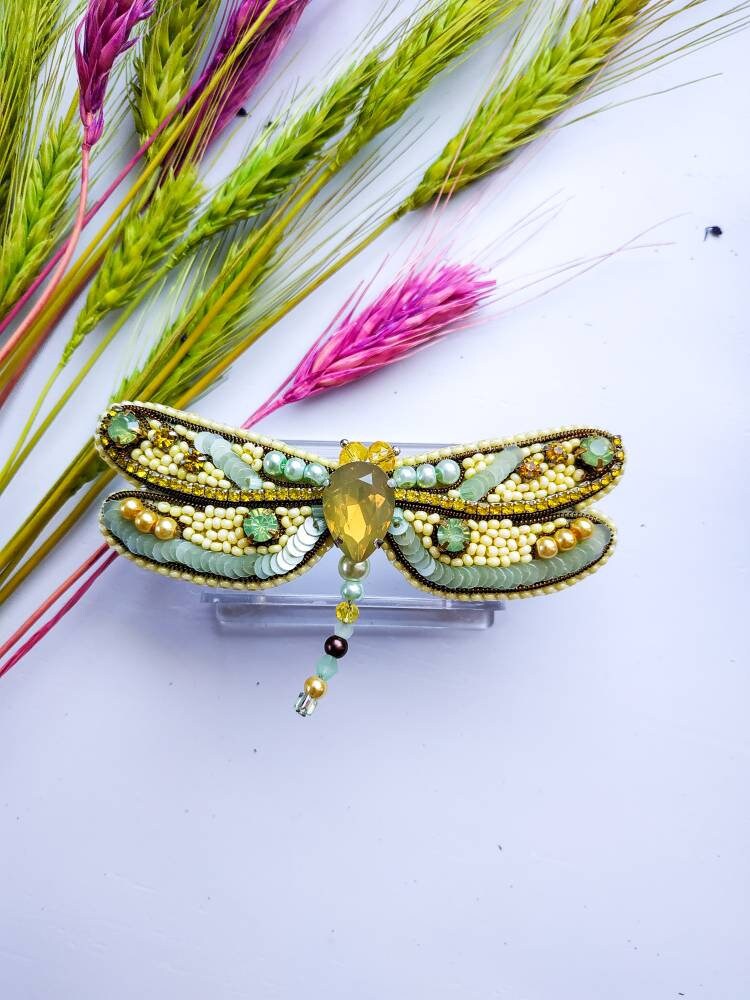 Beaded Dragonfly Beaded Brooch Insect Jewelry Yellow - Etsy