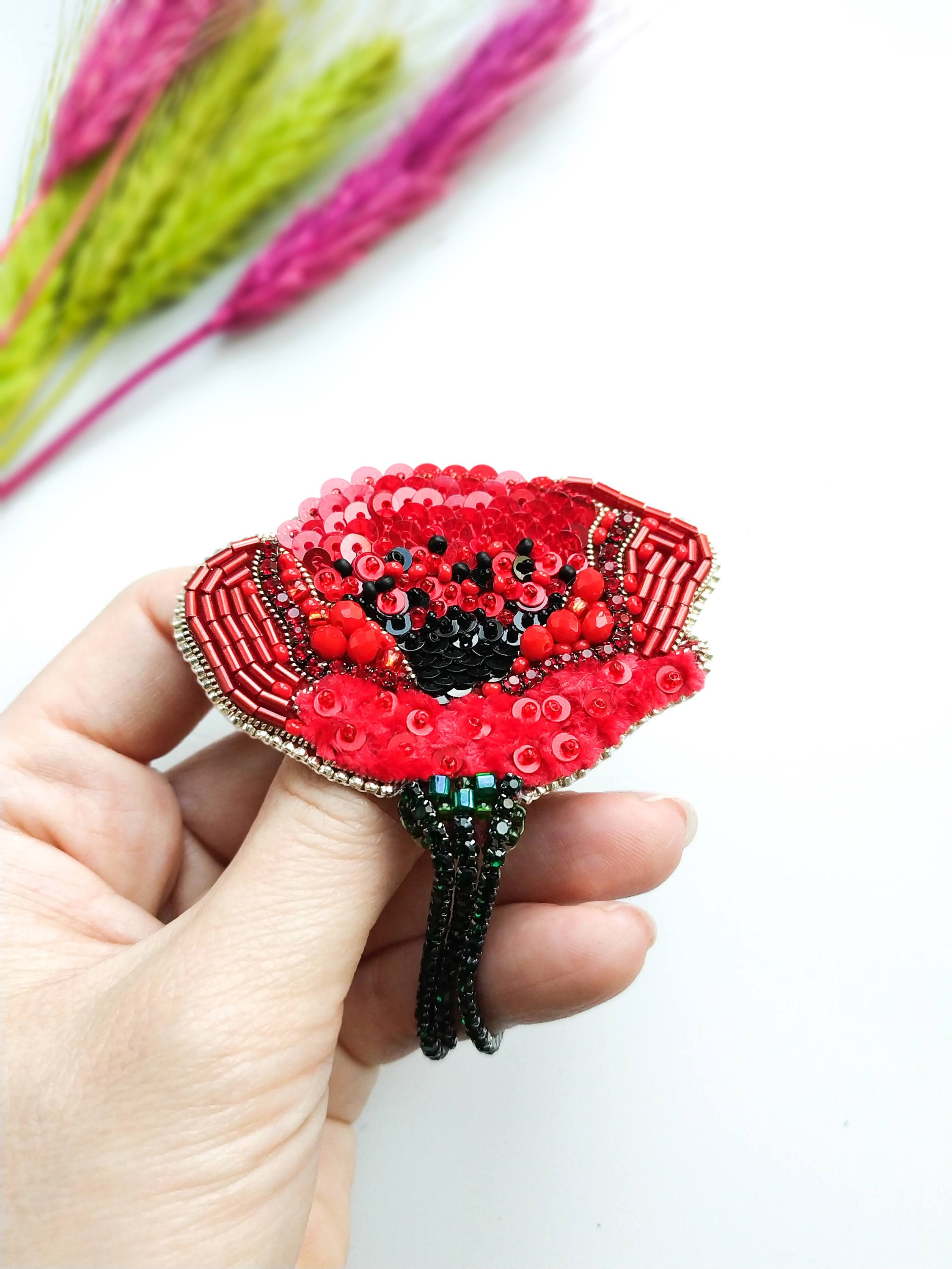 Beaded poppy brooch embroidered red flower pin poppy jewelry | Etsy