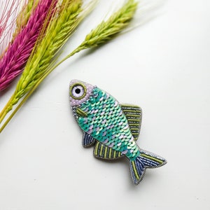 Embroidered Sequins Fish Brooch Beaded Pin Handmade Gift for Her Fish ...