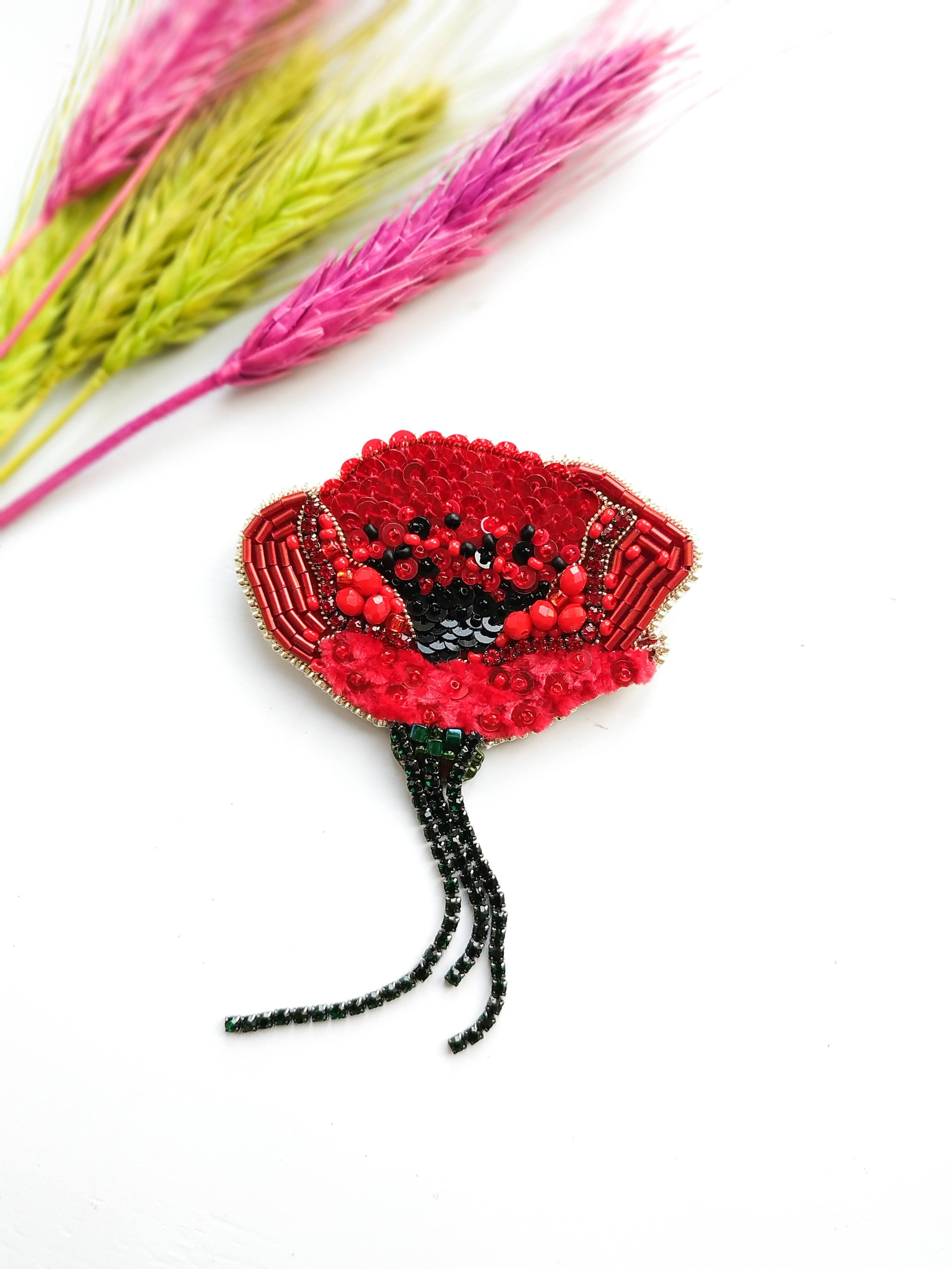 Beaded poppy brooch embroidered red flower pin poppy jewelry | Etsy