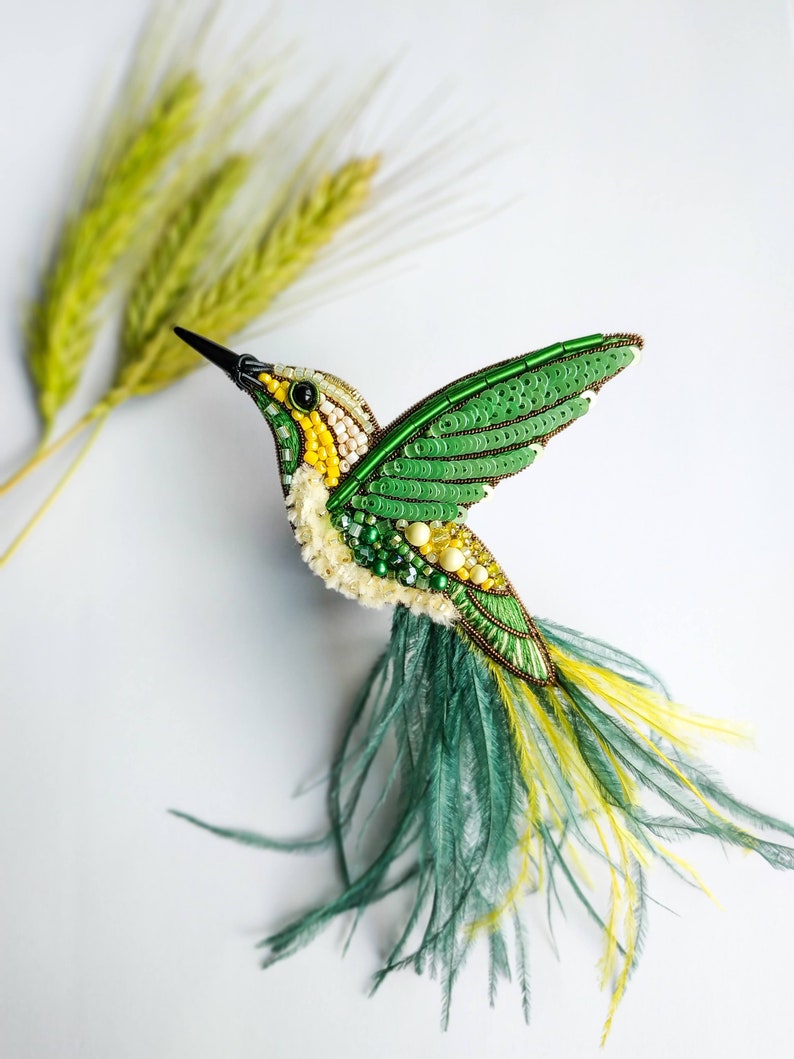 Embroidered Hummingbird Brooch Beaded Bird Pin Green and - Etsy